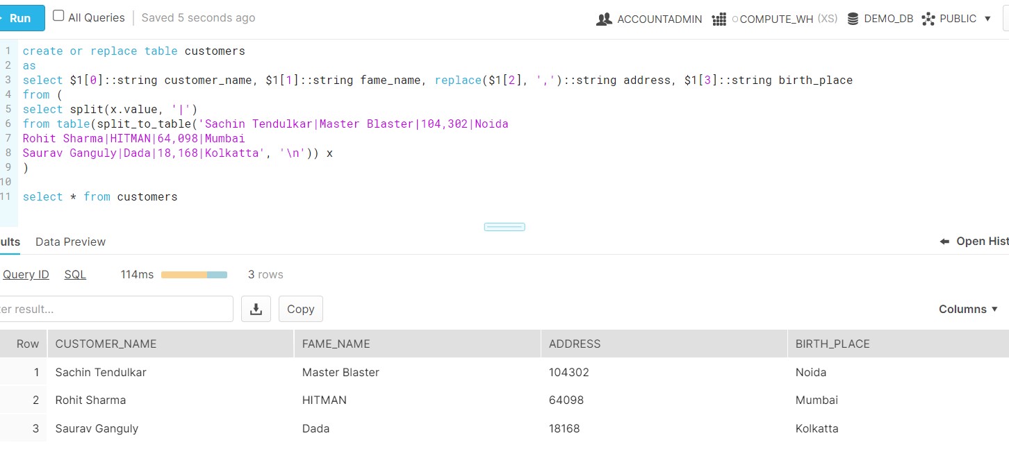 Snowflake WebUI: Table Creation and Population