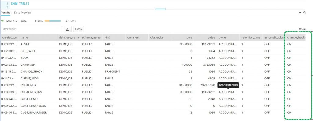 Snowflake: Enable CHANGE_TRACKING for multiple tables - Cloudyard